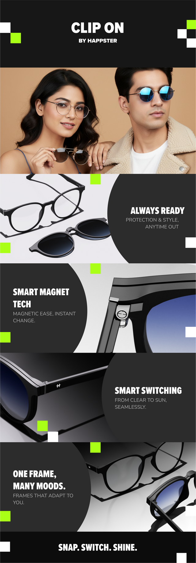 Happster Clipon Unisex Eyeglasses Full Frame Square Extra Small 49 Ace ...